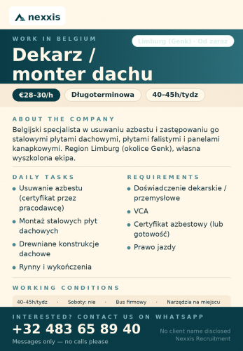 DEKARZ / MONTER DACHU - Zatrudnię - Belgia.net